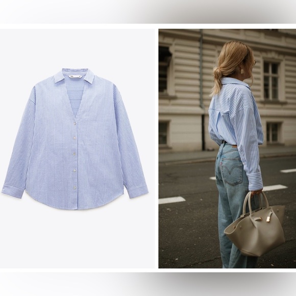 Zara | Tops | Zara Timeless Classic Oversized Blue Striped Shirt ...